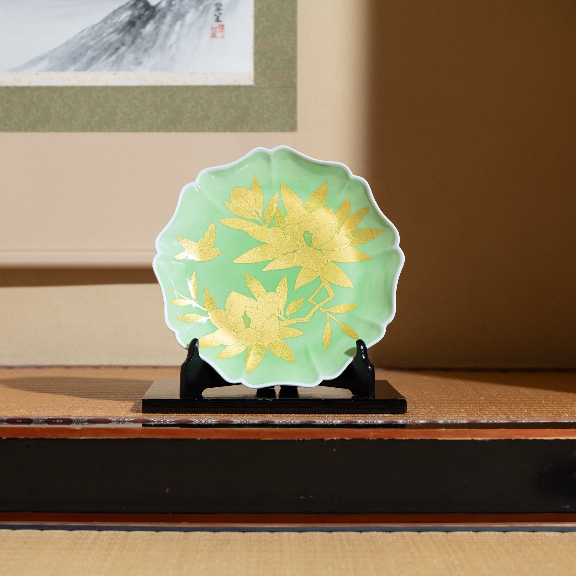 Magnolia and Bird Underglaze Gold Leaf Ornamental Plate