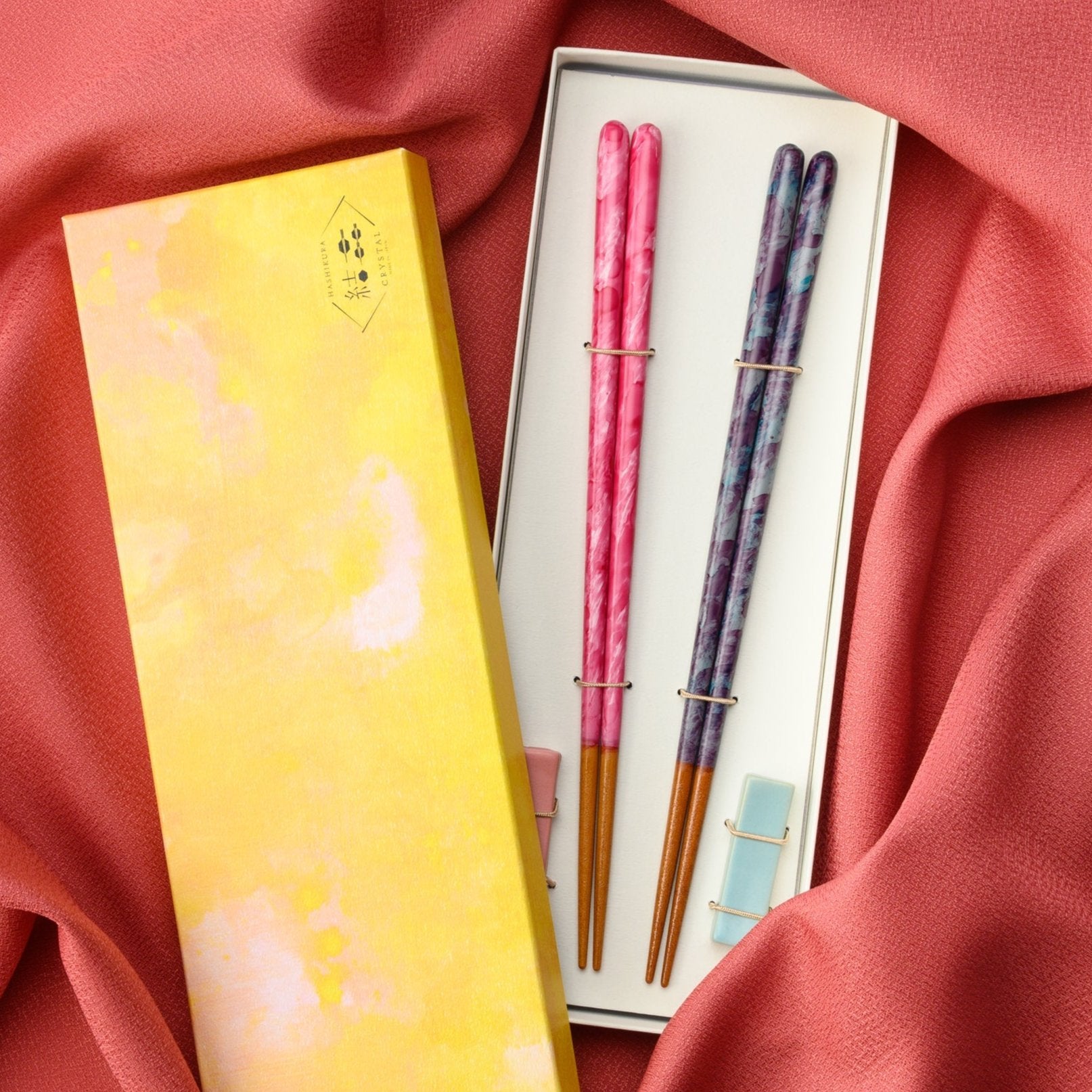 Crystal Pink and Purple Chopsticks Pair Set with Chopstick Rests