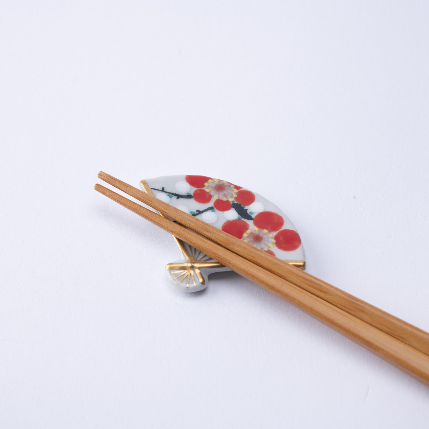 Red and White Plum Blossom Fan Chopstick Rest Set