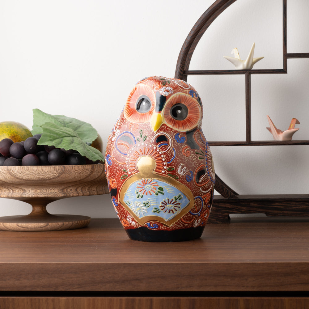 Red Floral Patterned Owl Figurine
