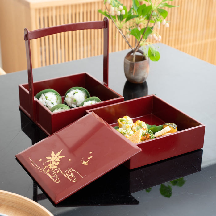 Red Running Water Two Tiers Jubako Bento Box with Handle