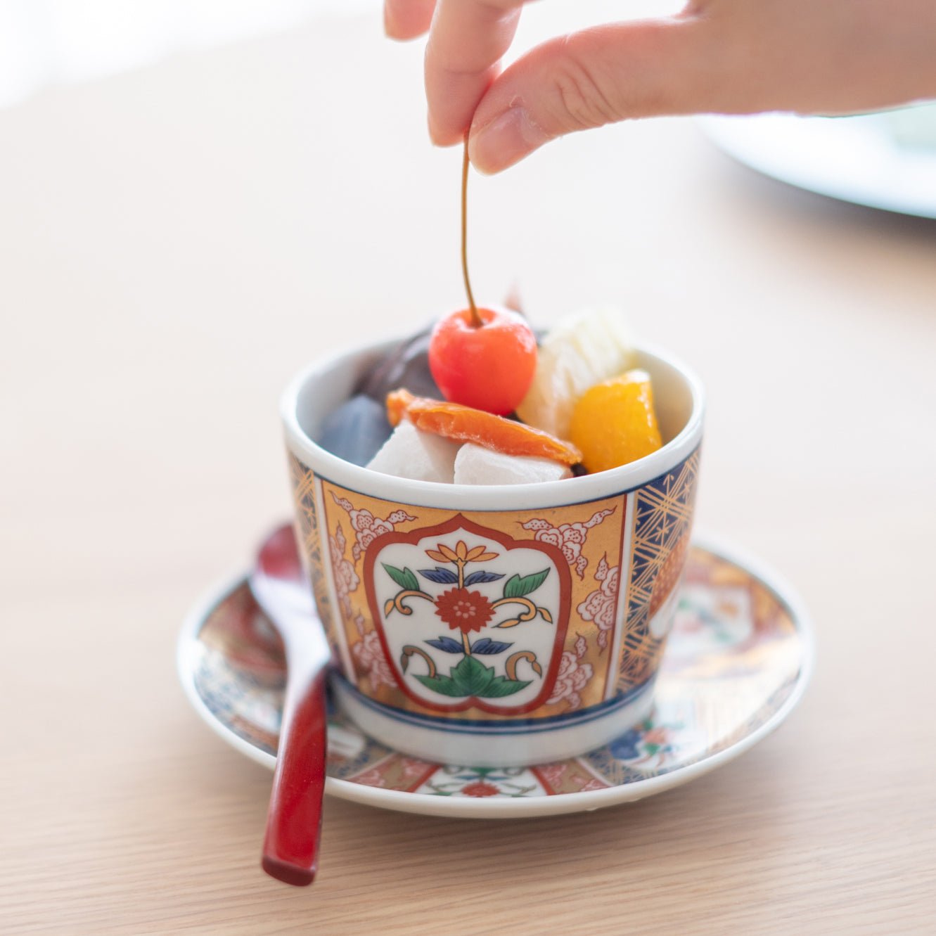 Old Imari Flowers in Window Soba Choko Cup and Saucer