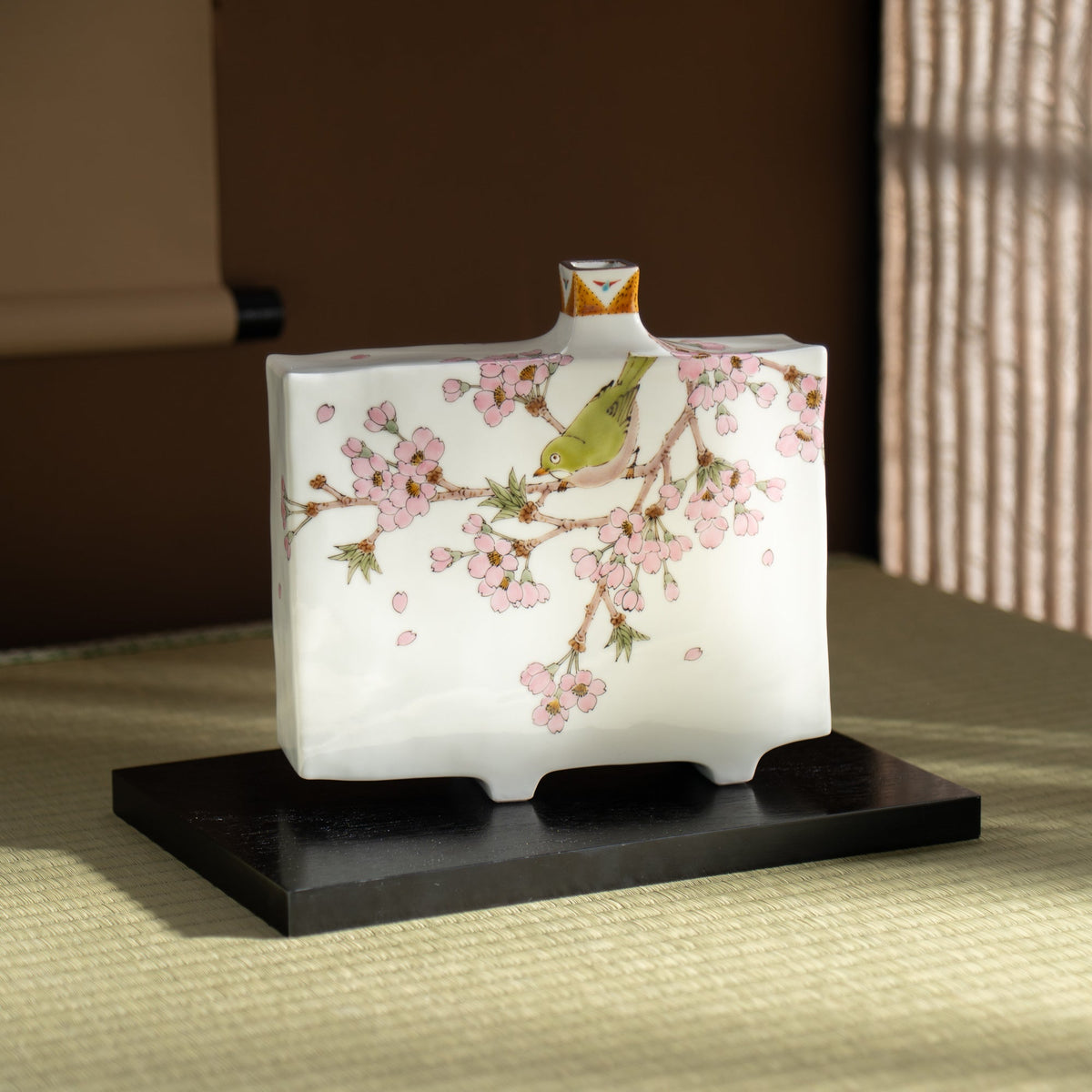Kutani Ware Cherry Blossom and Warbling White-eye Japanese Flower Vase ...